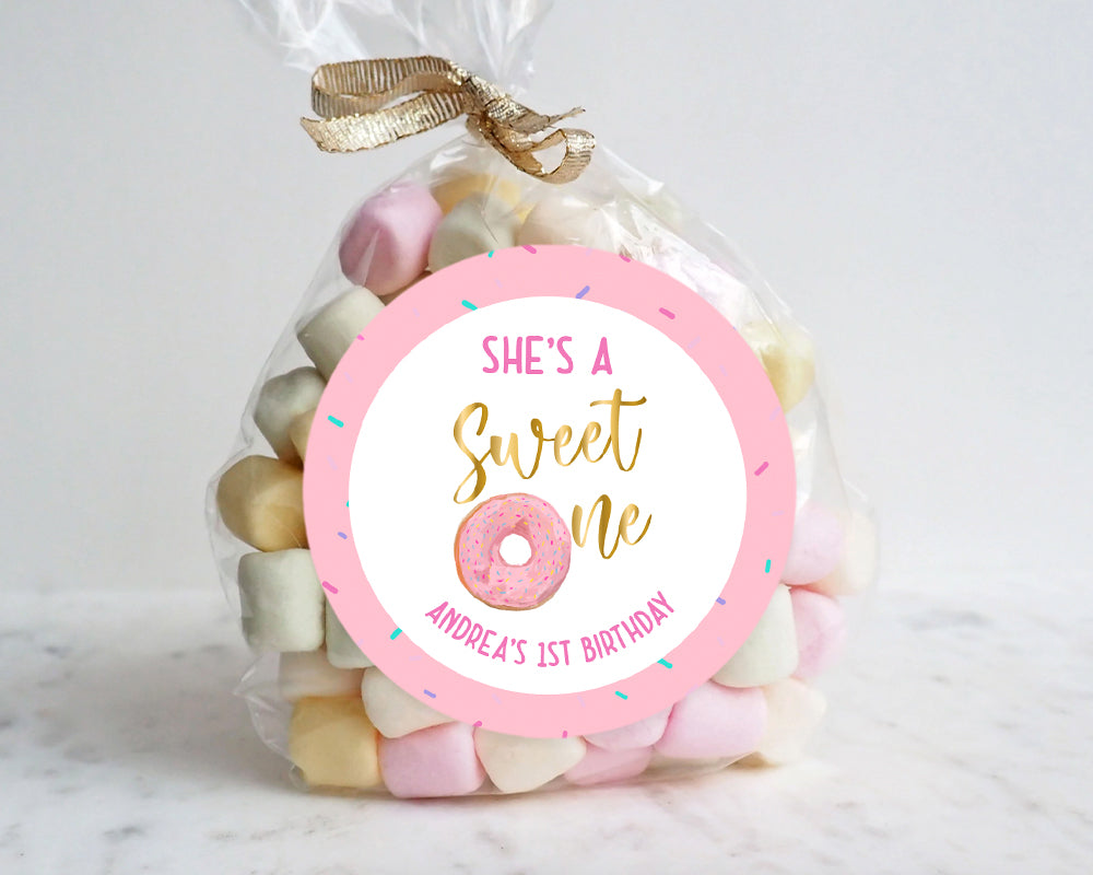 Sweet One Doughnut Style Birthday Party Stickers - Pantry Envy