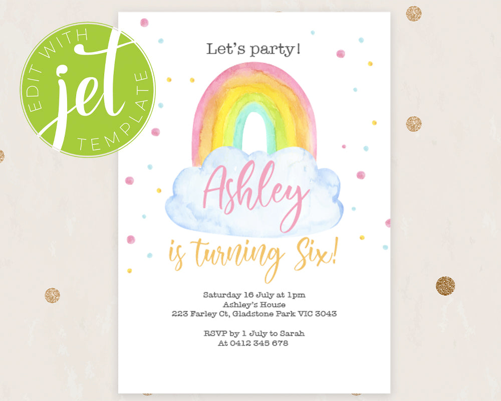 Rainbow Themed Party Invitation Templates 👉 Editable Birthday